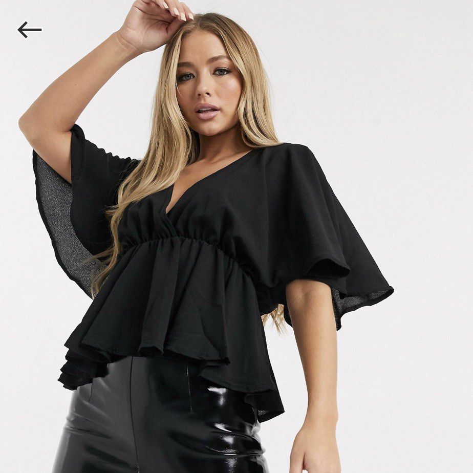 PrettyLittleThing basic plunge peplum top with angel sleeve in black ...