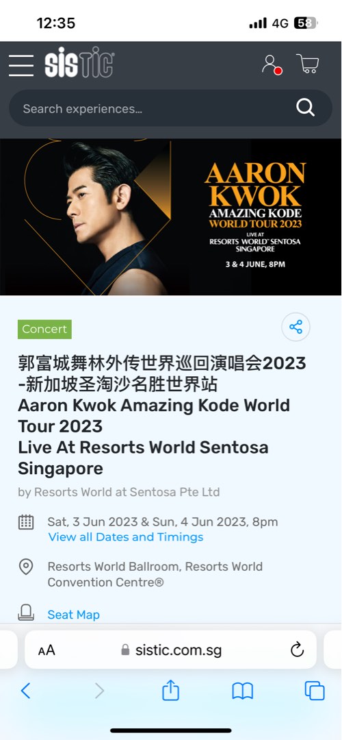 Selling Aaron Kwok amazing kode world tour 2023 on 4 june 2023 cat 1 and cat 3, Tickets ...
