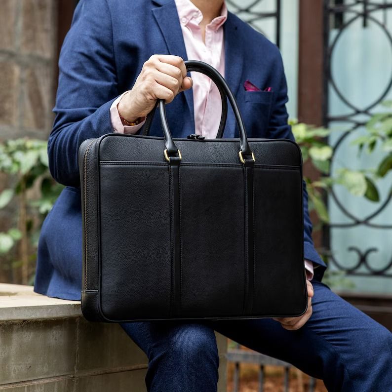 Slim Black Leather Briefcase, Men's Fashion, Bags, Briefcases on Carousell