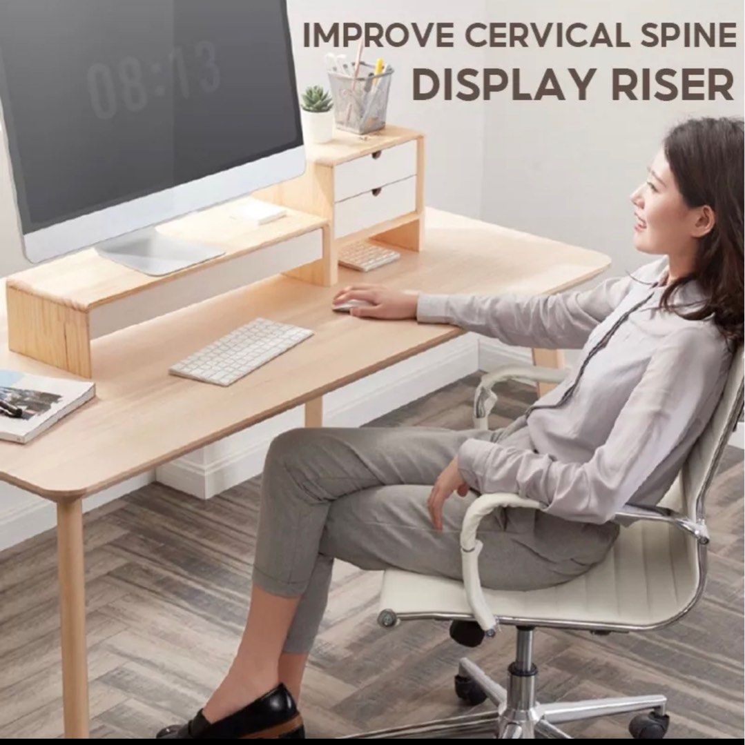 Sturdy PC Monitor Stand Rack Dual Tier Desk Stand With Drawer Wood ...