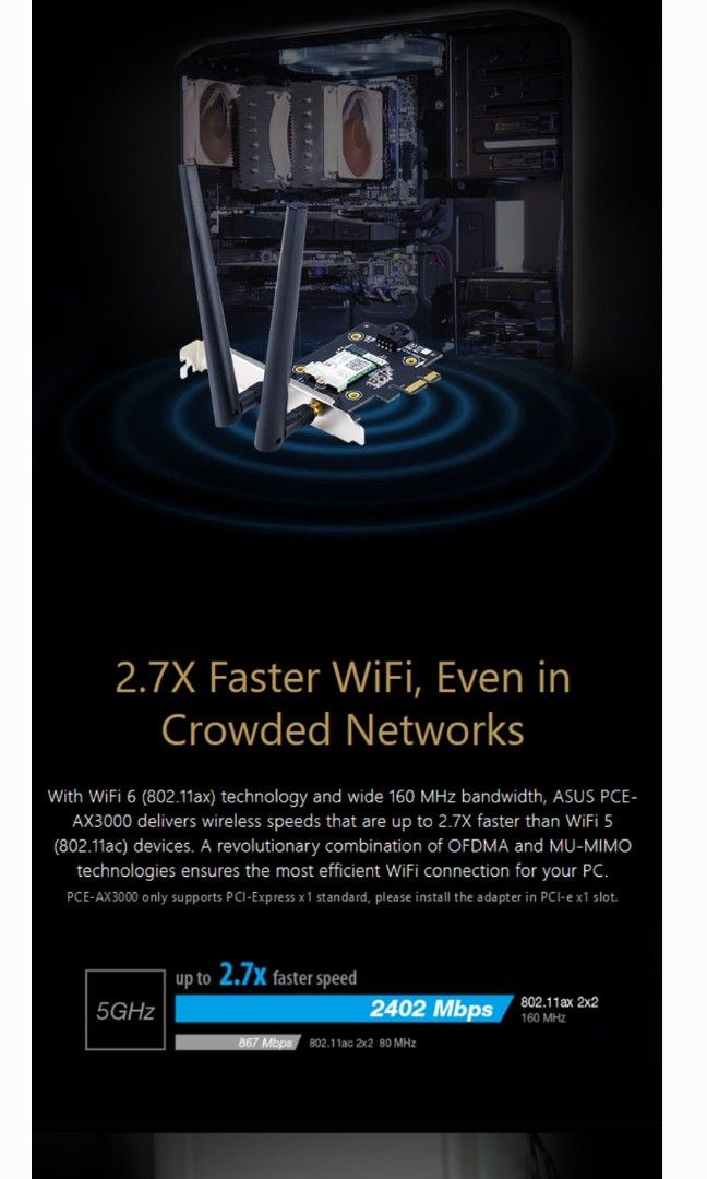 Asus AX3000 Dual Band PCI-E WiFi 6 (802.11ax) Adapter with Bluetooth 5. ...