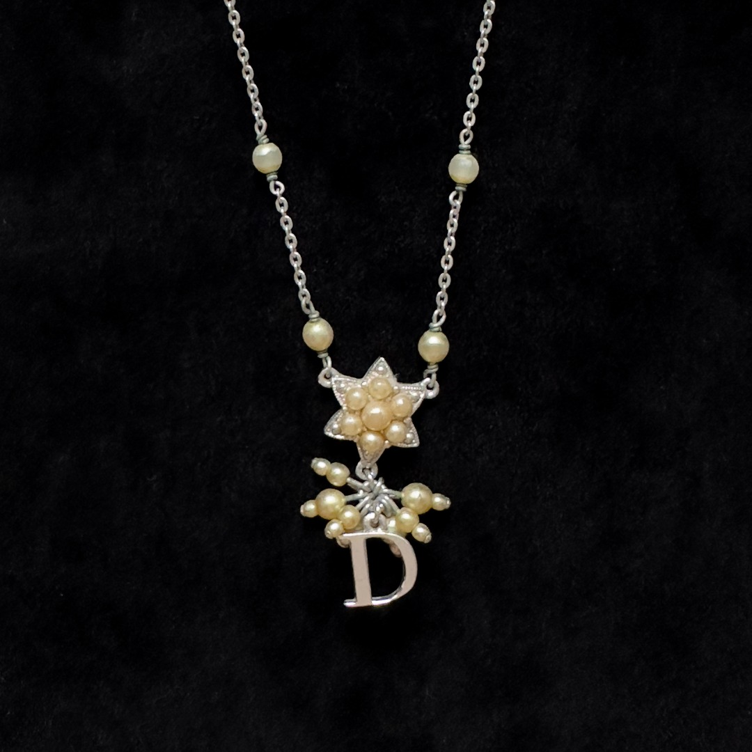 Authentic Vintage Christian Dior D Logo Star Pearl Necklace in Silver ...