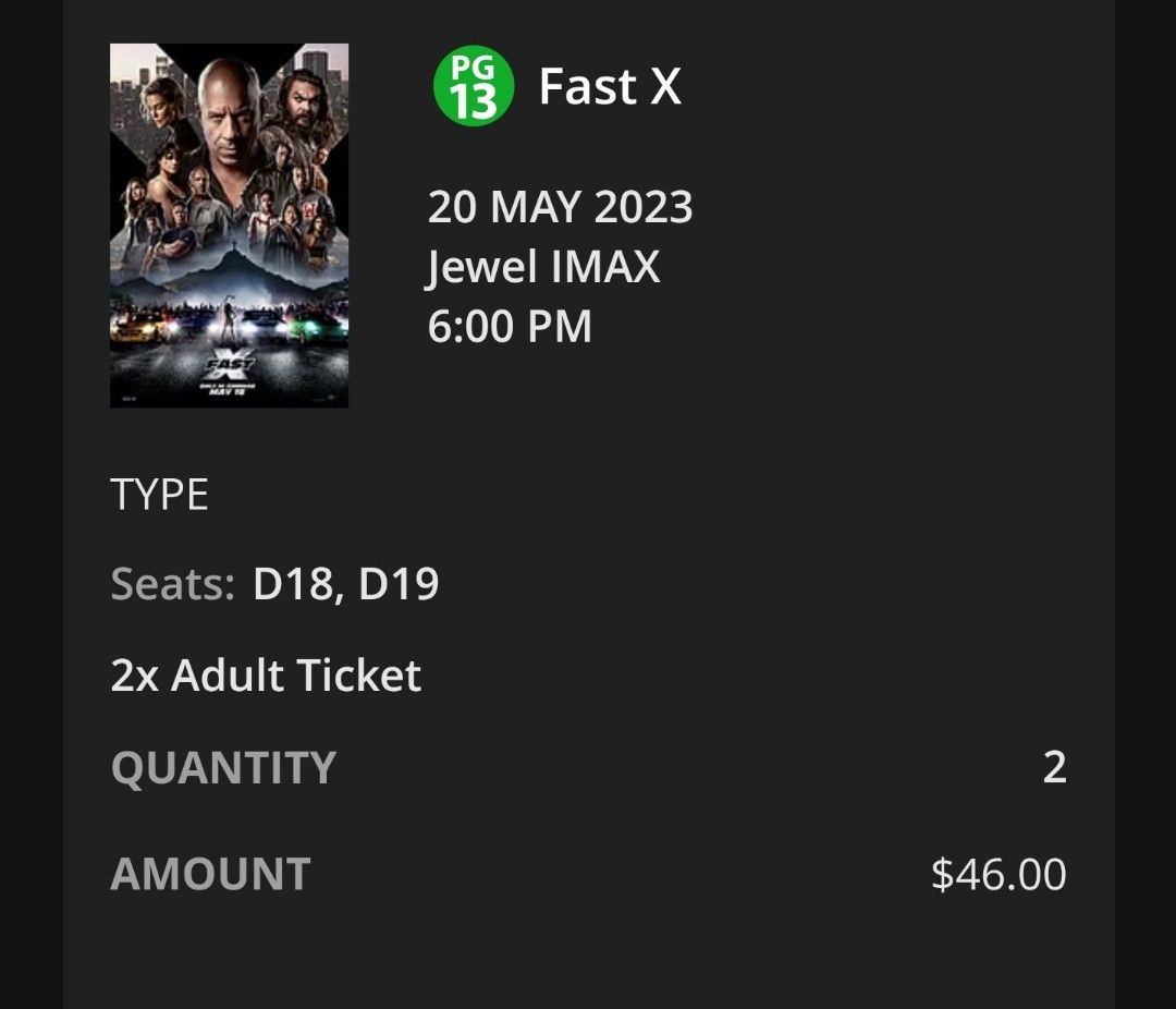 Fast X IMAX 2 tickets 20may 6pm jewel, Tickets & Vouchers, Event Tickets on Carousell