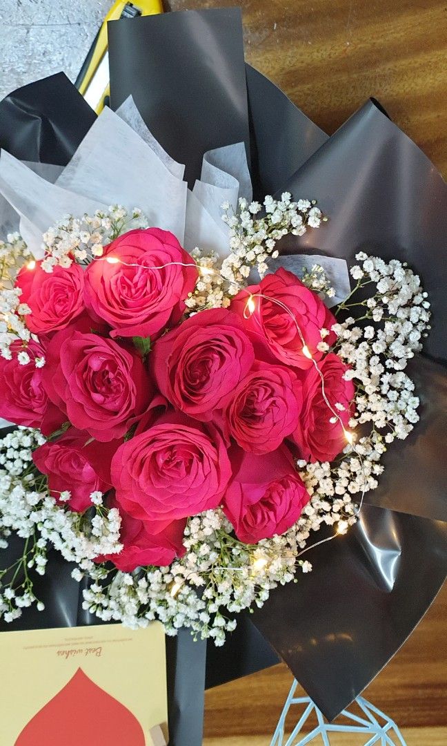 Flower Bouquet 12 Stacks Fresh Rose Topper Happy Birthday Gift Card LED ...