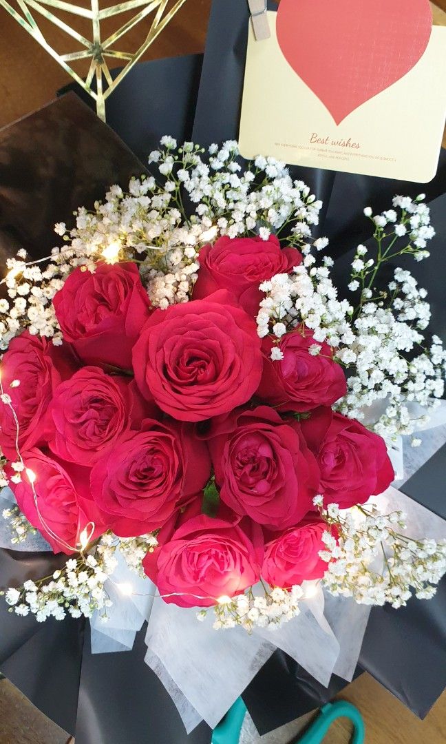 Flower Bouquet 12 Stacks Fresh Rose Topper Happy Birthday Gift Card LED ...