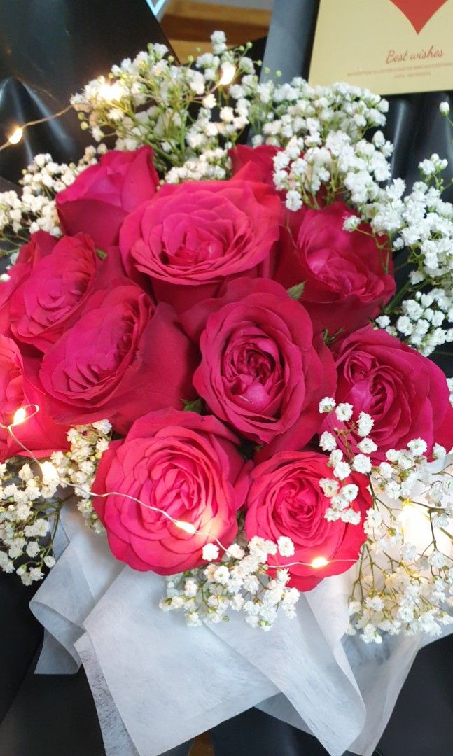 Flower Bouquet 12 Stacks Fresh Rose Topper Happy Birthday Gift Card LED ...