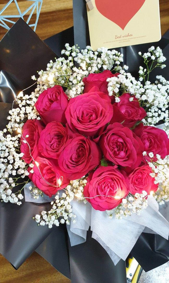 Flower Bouquet 12 Stacks Fresh Rose Topper Happy Birthday Gift Card LED ...