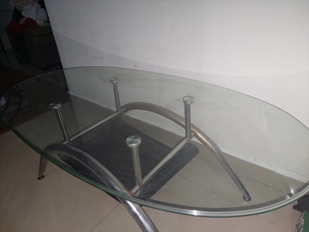Meja kaca oval, Furniture & Home Living, Outdoor Furniture on Carousell