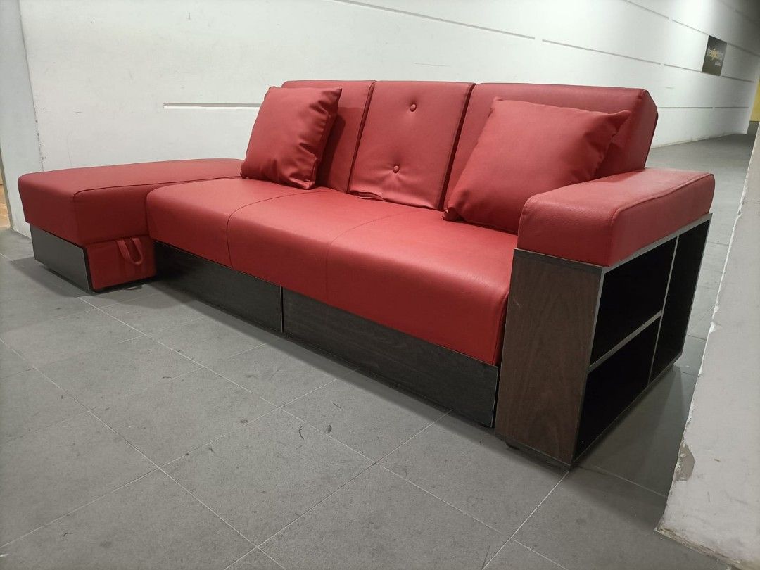 MIKO Storage Sofa Bed in RED PVC, Furniture & Home Living, Furniture, Sofas on Carousell