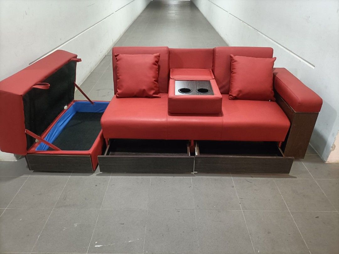 MIKO Storage Sofa Bed in RED PVC, Furniture & Home Living, Furniture ...