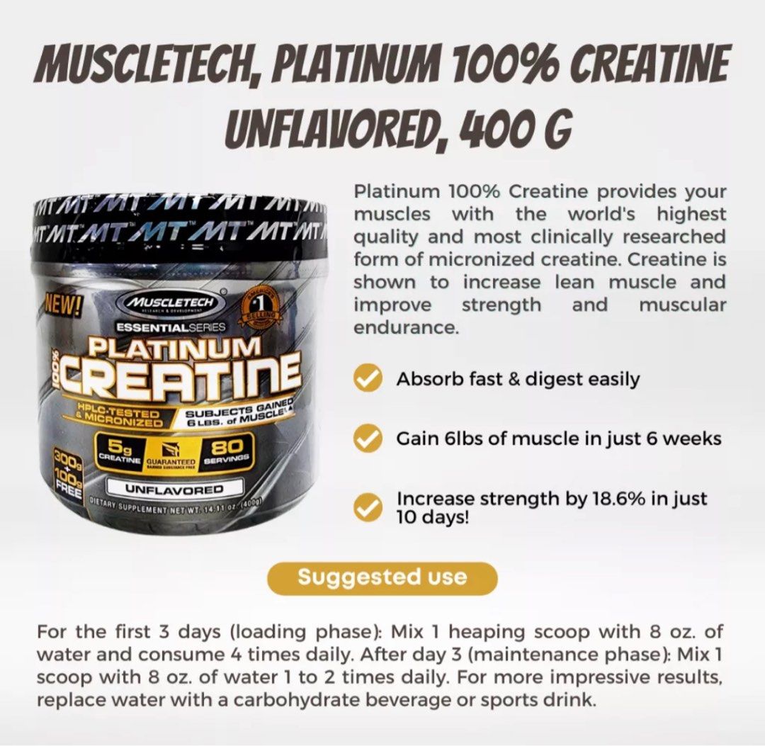 MUSCLETECH PLATINUM CREATINE 400G, Health & Nutrition, Health ...
