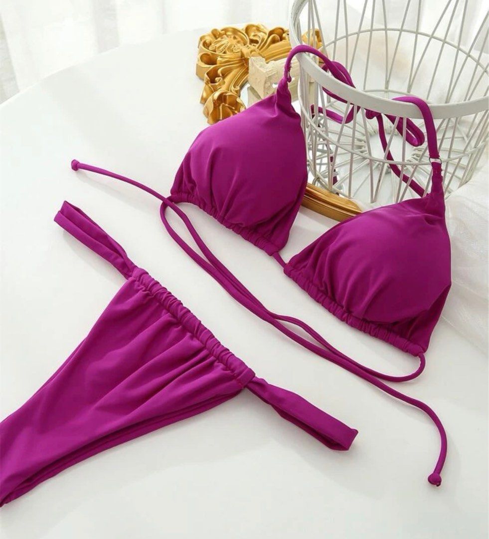 Purple Halter Bikini Triangle Top and Thong, Women's Fashion, Swimwear ...