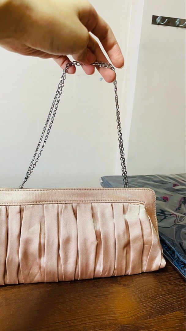 Satin peach dinner clutch bag brown lace clutch bag, Women's Fashion ...