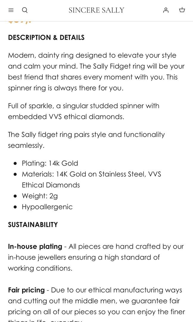 Sincere Sally 14k Gold Fidget Ring, Women's Fashion, Jewelry ...