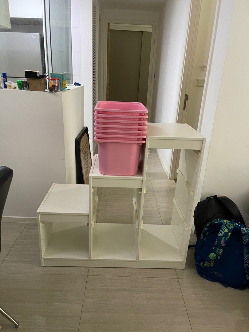 IKEA trofast 1m wide, 95cm tall, 43cm deep storage shelf with 6 pink ...