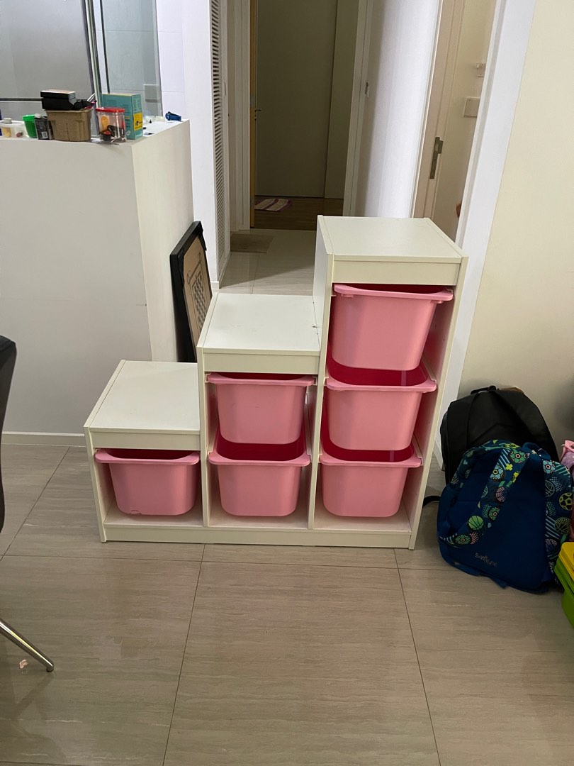 IKEA trofast 1m wide, 95cm tall, 43cm deep storage shelf with 6 pink ...