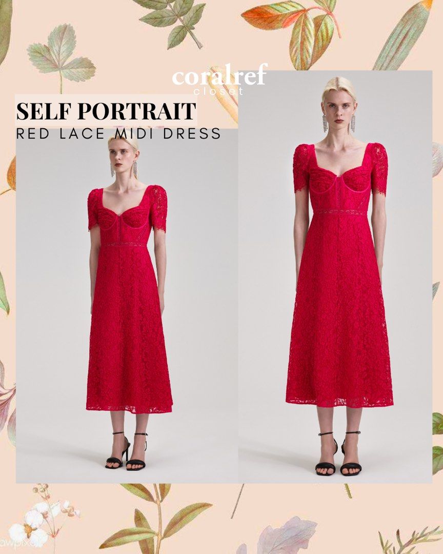 ️ Self Portrait Red Lace Midi Dress, Women's Fashion, Dresses & Sets ...