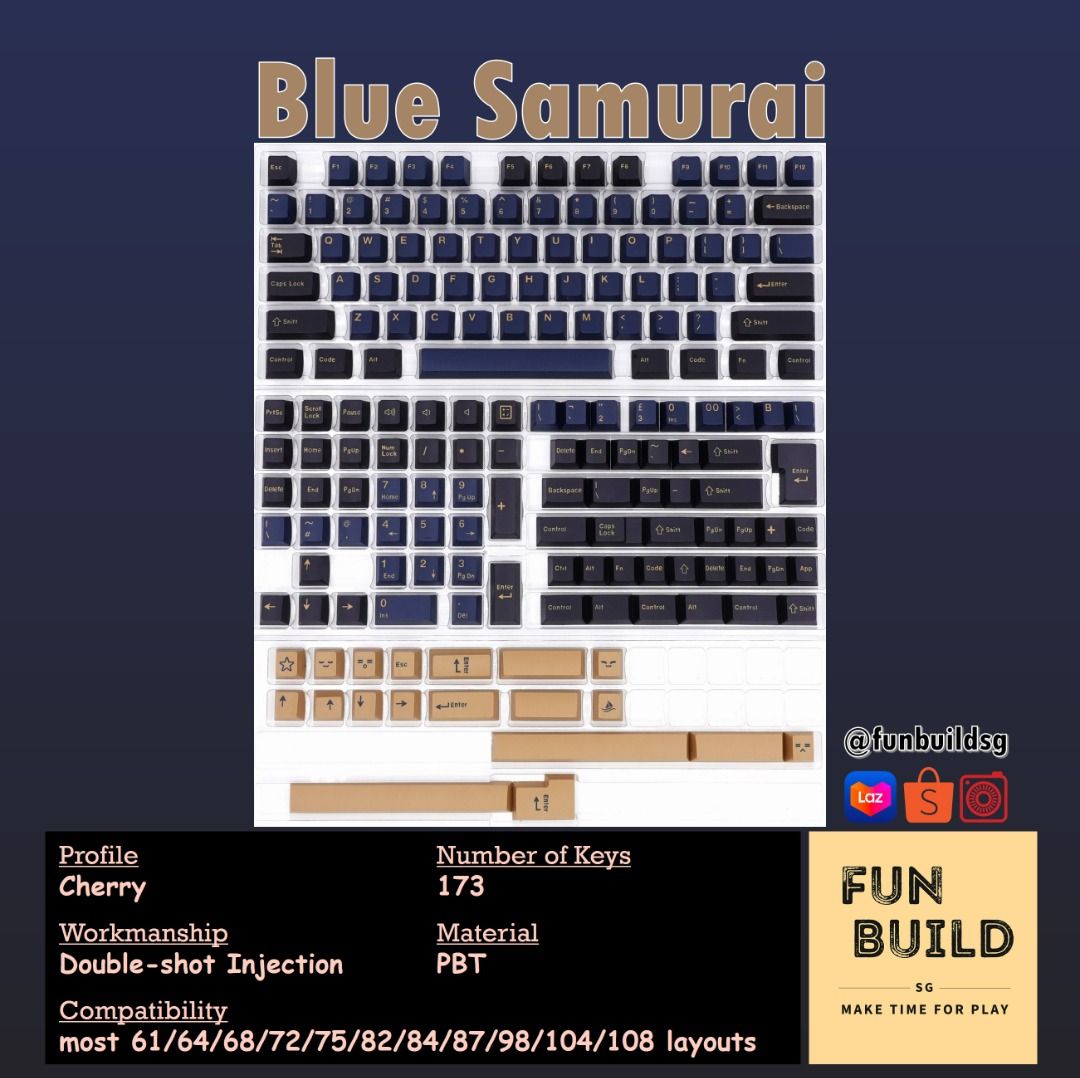 Blue Samurai Keycaps - Cherry Profile Doubleshot Injection PBT 173 Keys ...