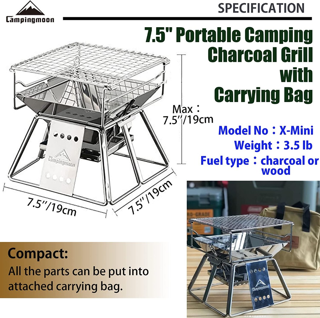CAMPINGMOON Small Size Stainless Steel Portable Tabletop Charcoal Grill with Carry Bag X-MINI ...