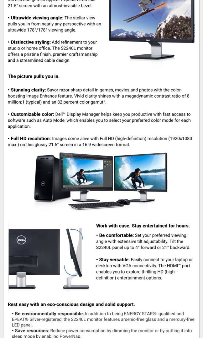 DELL Monitor S2240L, Computers & Tech, Parts & Accessories, Monitor ...