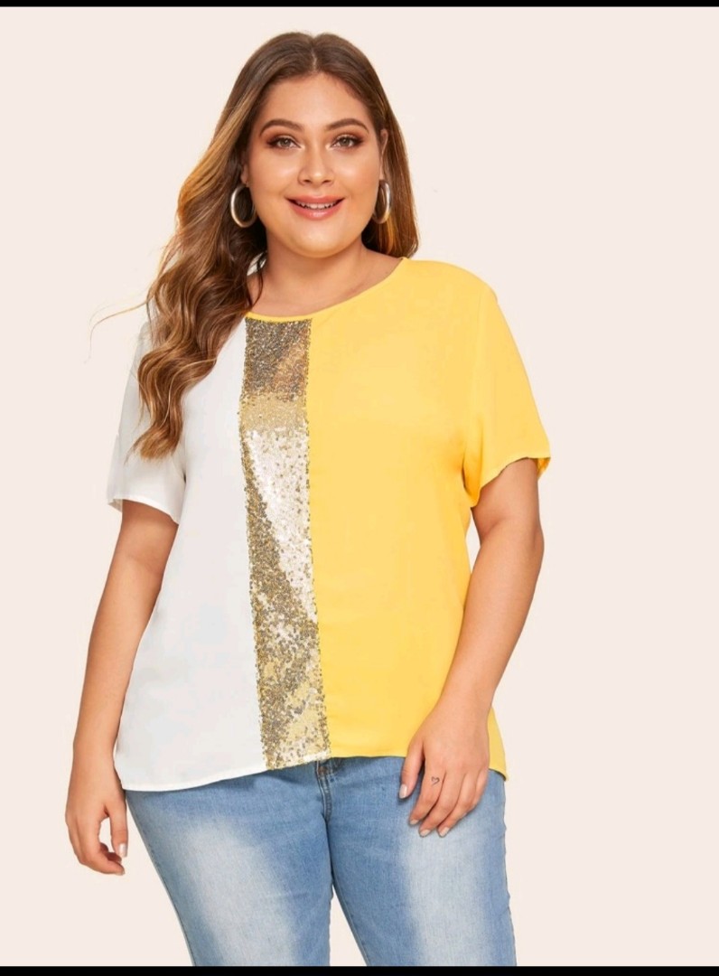 Shein yellow shimmery, Women's Fashion, Tops, Blouses on Carousell
