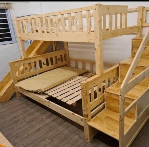 Solid Wood Double Bunk Bed With Slide, Furniture & Home Living ...