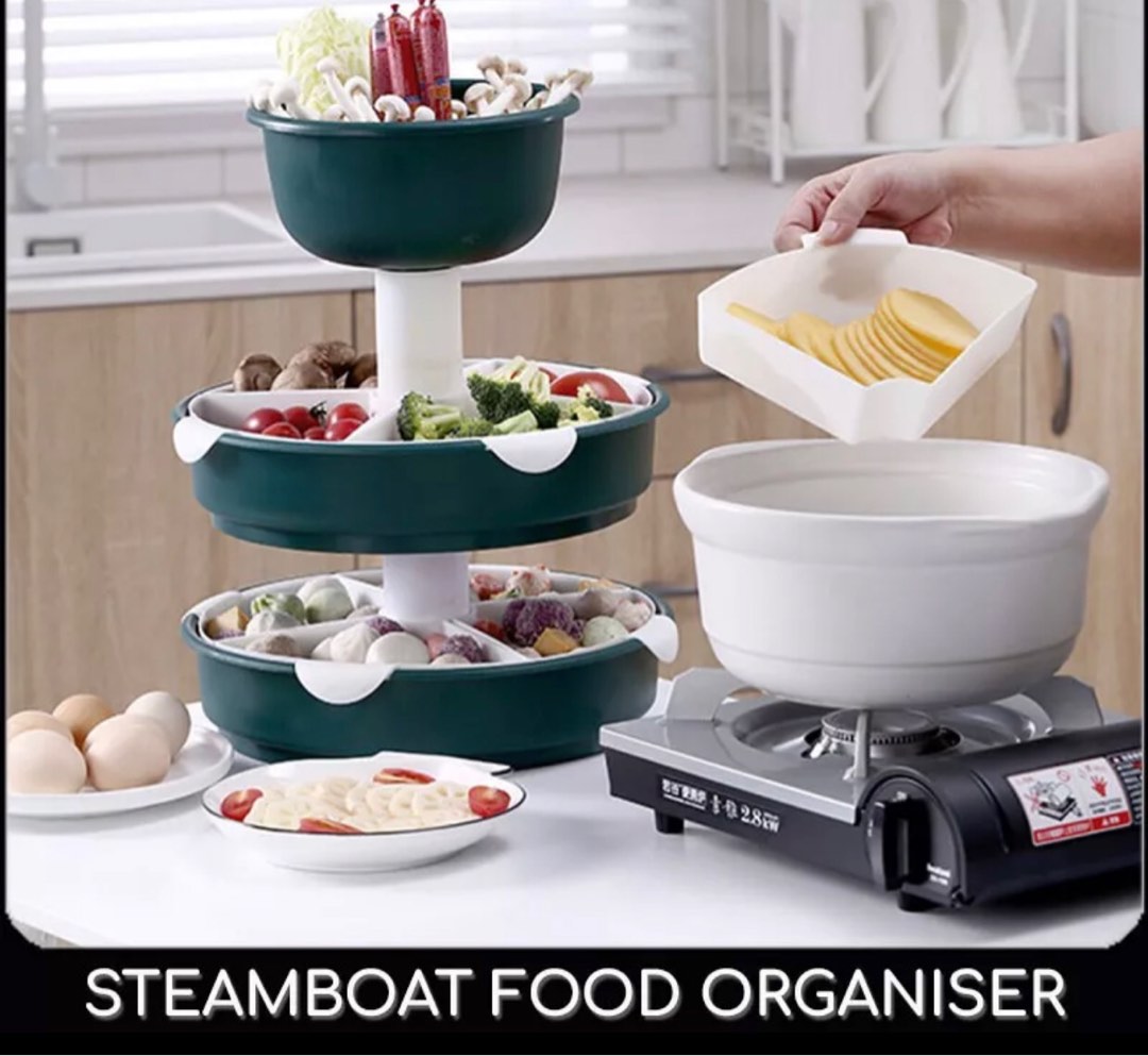 Steamboat/Hot Pot Food Organiser - 3 Tier (Green), Furniture & Home ...