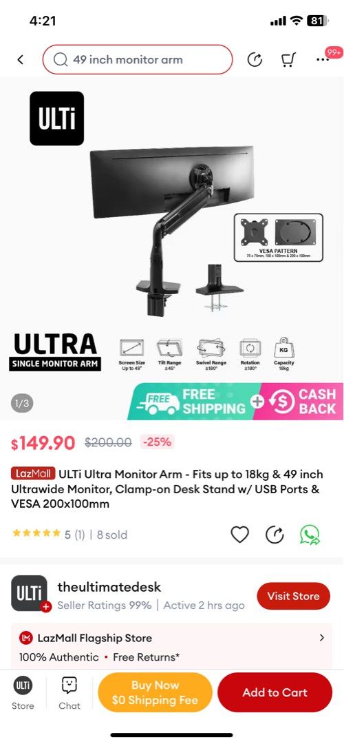 ULTi Ultra Monitor Arm (up to 18kg/49 inch monitor), Computers & Tech ...