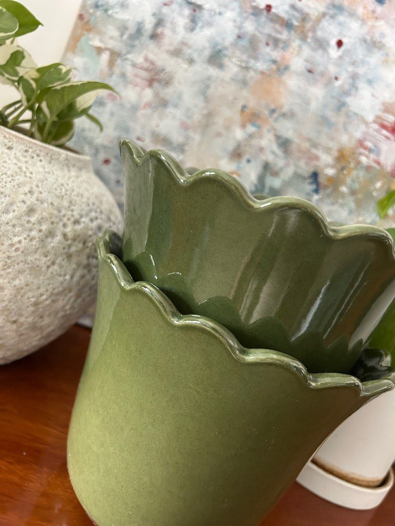 2 green scalloped ceramic plant pots, Furniture & Home Living ...