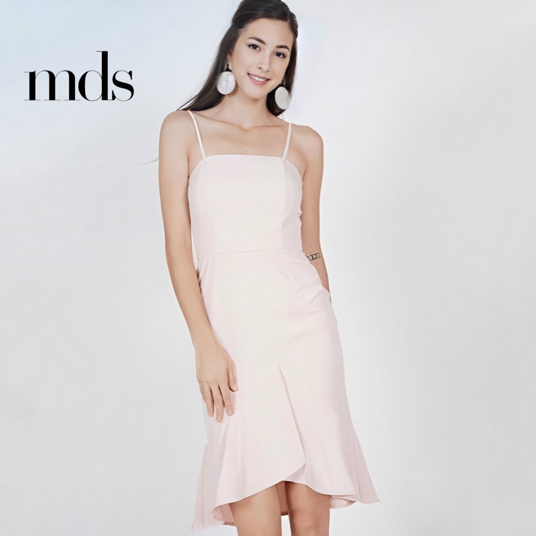 mds Baby Pink Mermaid Hem Ruffle Cami Midi Dress Party Sexy One Strap ...