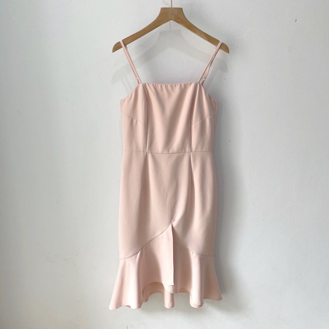 mds Baby Pink Mermaid Hem Ruffle Cami Midi Dress Party Sexy One Strap Beach Split Terusan Satu ...