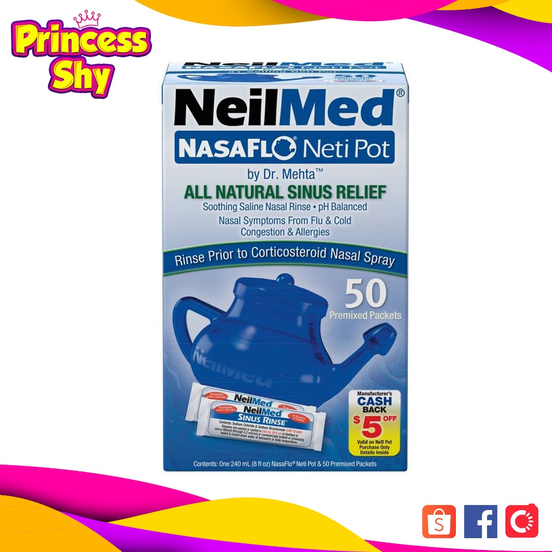 NeilMed NasaFlo Neti Pot with 50 Premixed Packets Soothing Saline Nasal ...