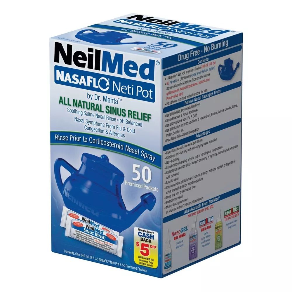 NeilMed NasaFlo Neti Pot with 50 Premixed Packets Soothing Saline Nasal ...