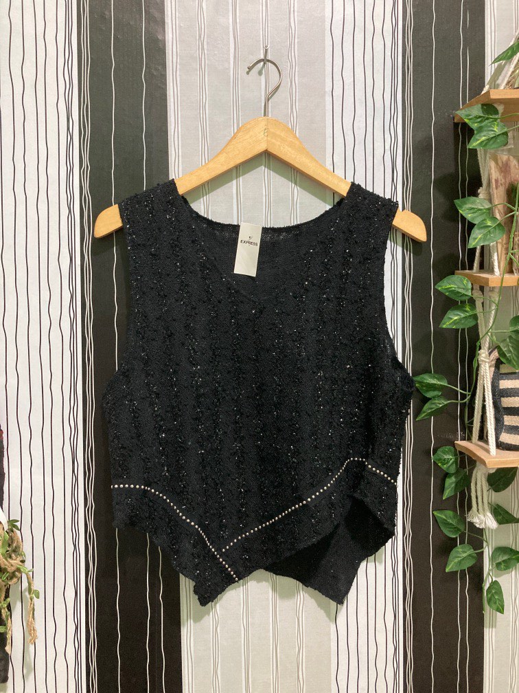 NEW (RARE) FANCY asymmetrical vest tweed fuzzy outer gliter Black Crop ...