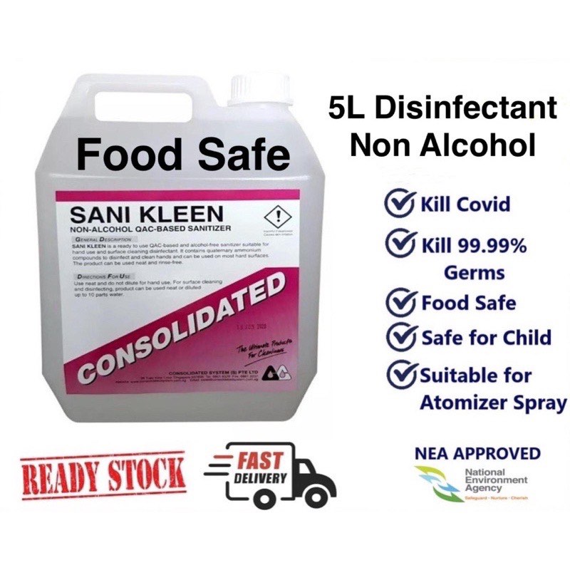 [Ready Stocks, NEA Listed] 5L Sani Kleen Non Alcohol Sanitizers Disinfectants/QAC Safe Ready Use ...