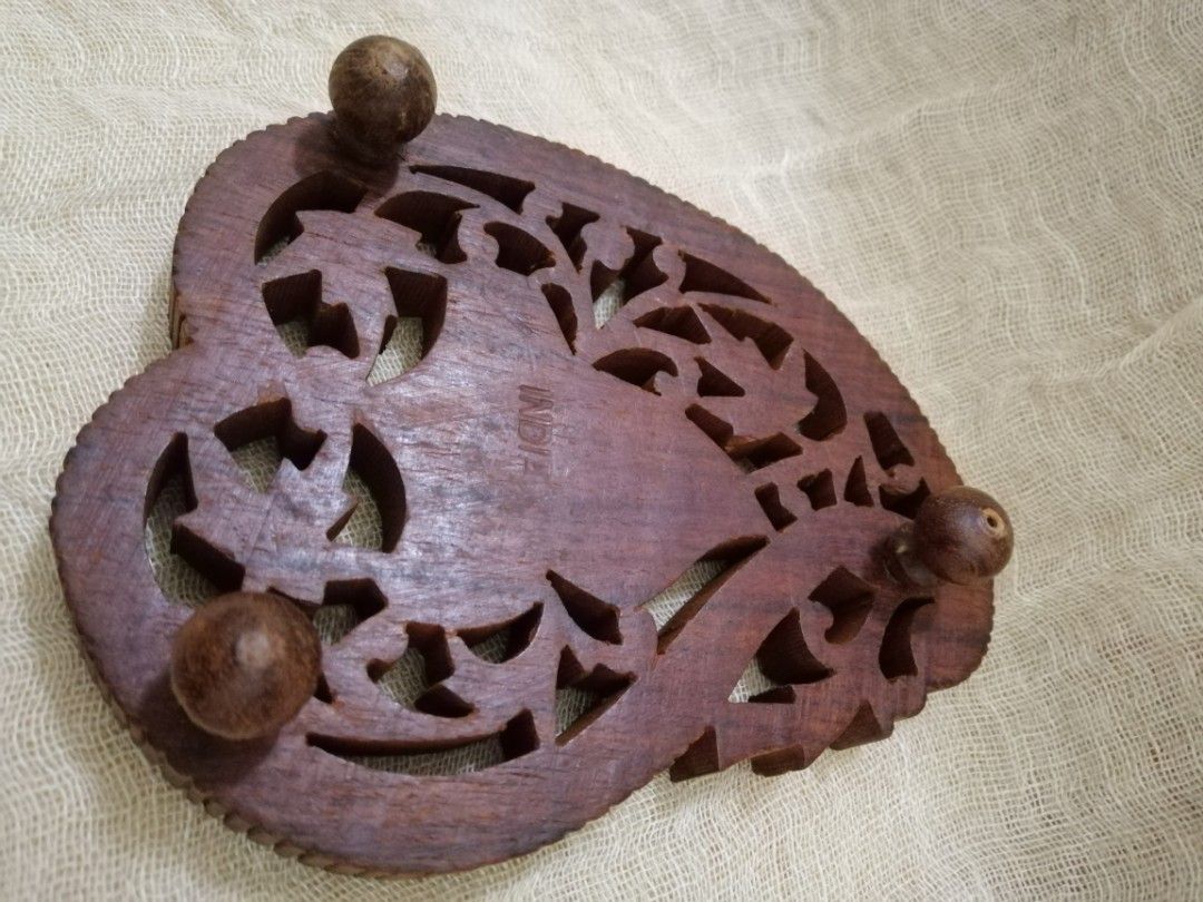 Vintage wooden stand hand carved handmade brass inlay pelapik kayu ...