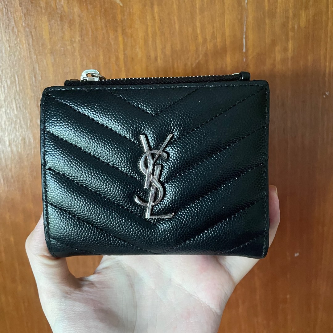 YSL Black Chevron Bi Fold Small Wallet / Card Holder with Silver ...