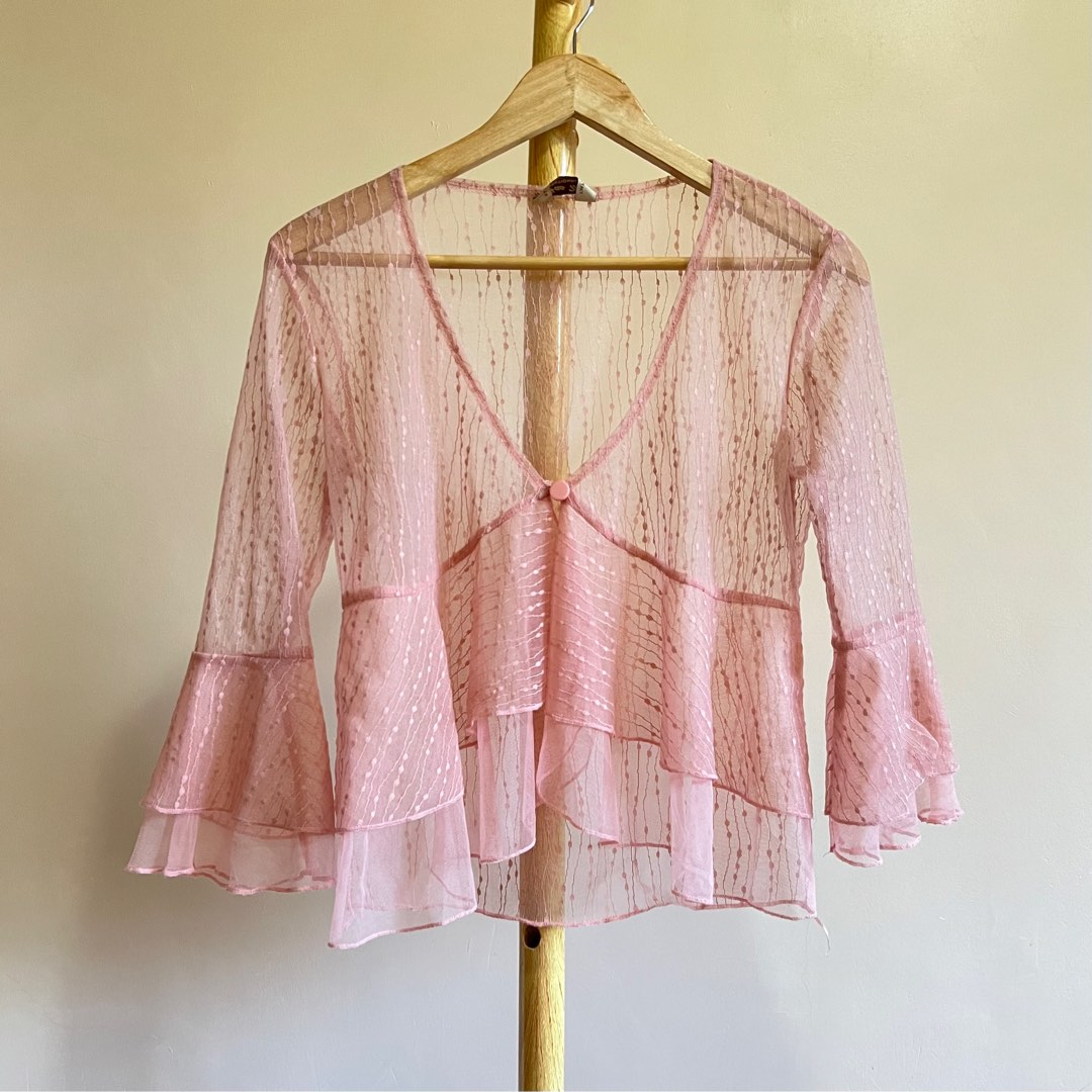 90s Baby Pink Ruffled Sheer Top, Women's Fashion, Tops, Blouses on ...