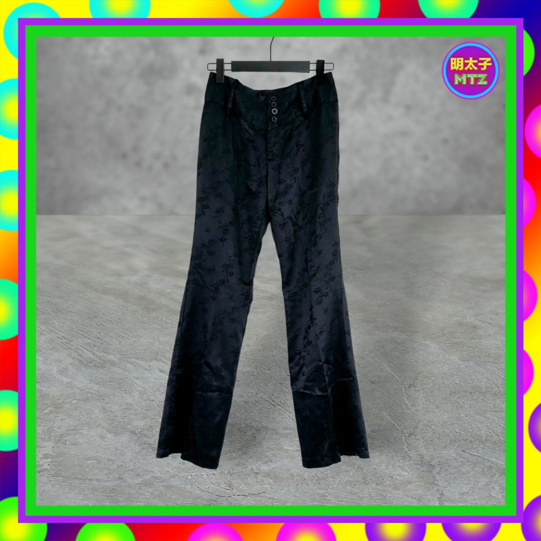 二手 黑色 緞面 刺繡 微閃耀 輕薄 拼接 微喇叭 低腰 27 長褲 PF509 【明太子 古著應召站】, 她的時尚, 褲＆裙, 牛仔褲、緊身 ...