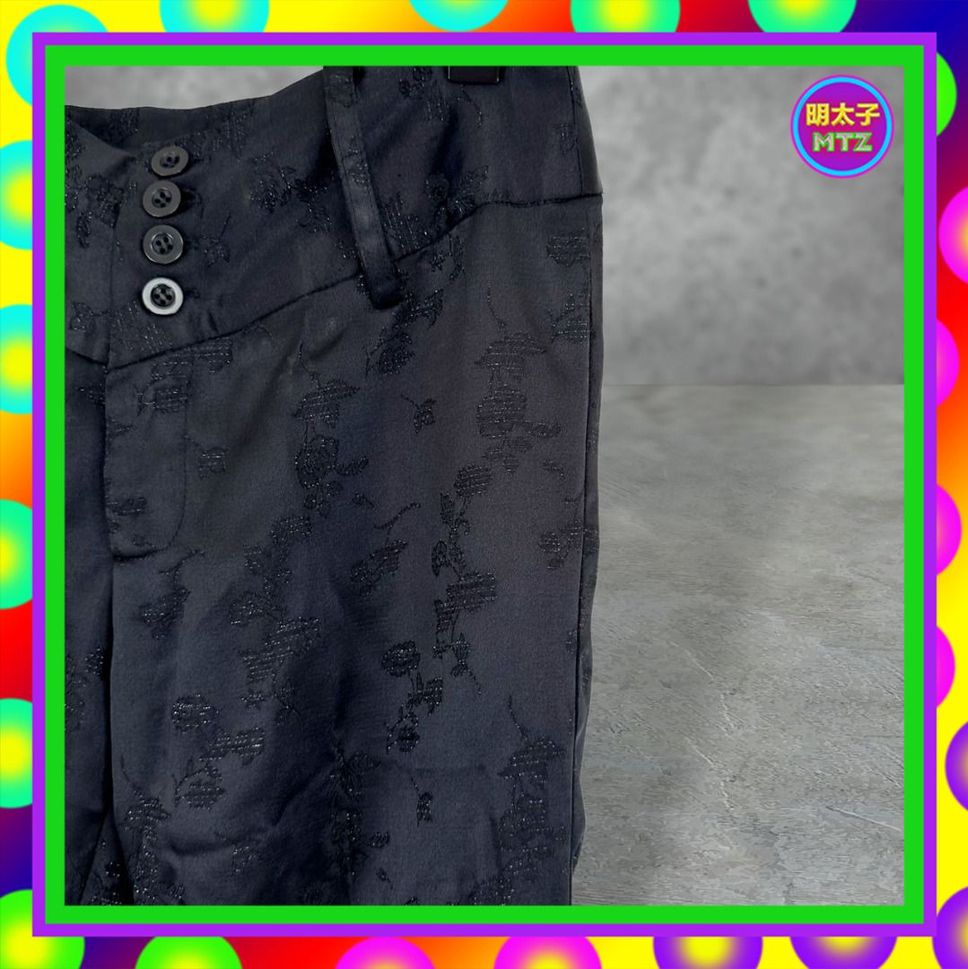 二手 黑色 緞面 刺繡 微閃耀 輕薄 拼接 微喇叭 低腰 27 長褲 PF509 【明太子 古著應召站】, 她的時尚, 褲＆裙, 牛仔褲、緊身 ...