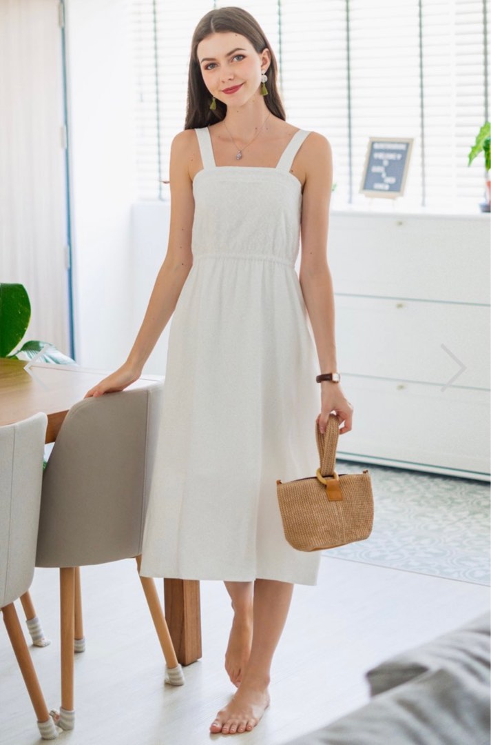 ACW Eyelet Elastic Midi Swing Dress In White, Women's Fashion, Dresses ...