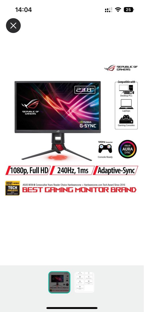 ASUS XG248Q 24inch 240hz Gaming Monitor, Computers & Tech, Parts ...