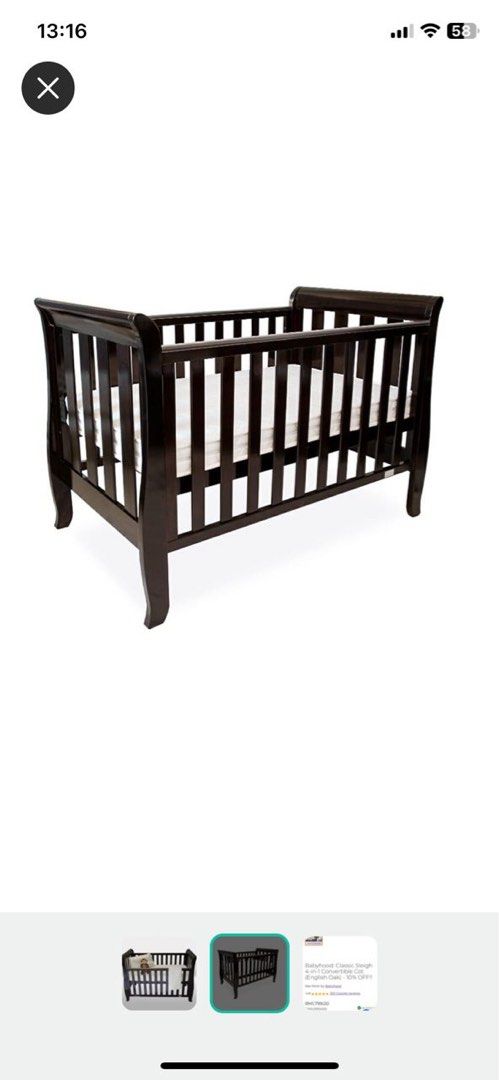 Babyhood: Classic Sleigh 4-in-1 Convertible Cot (English Oak), Babies ...