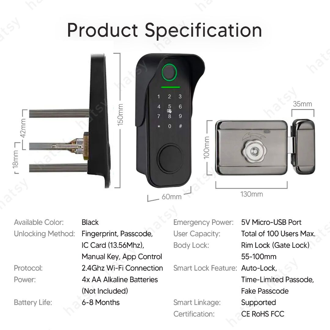 HATSY - (NEW ARRIVAL), Wi-Fi Digital Gate Lock, Fingerprint, Passcode ...