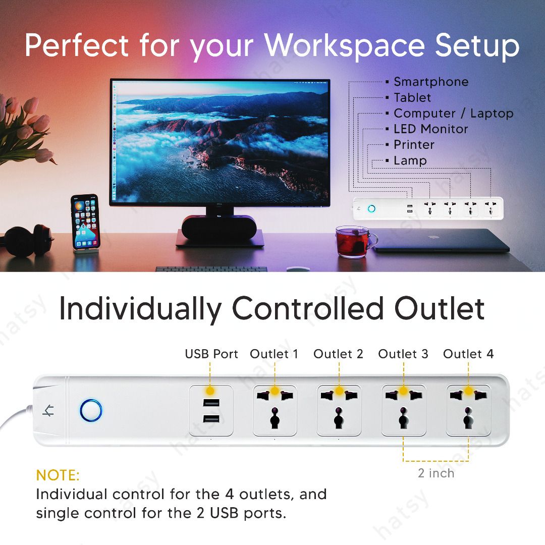 HATSY - Wi-Fi Smart Universal Power Strip (V2), with 4 AC Outlets and 2 ...