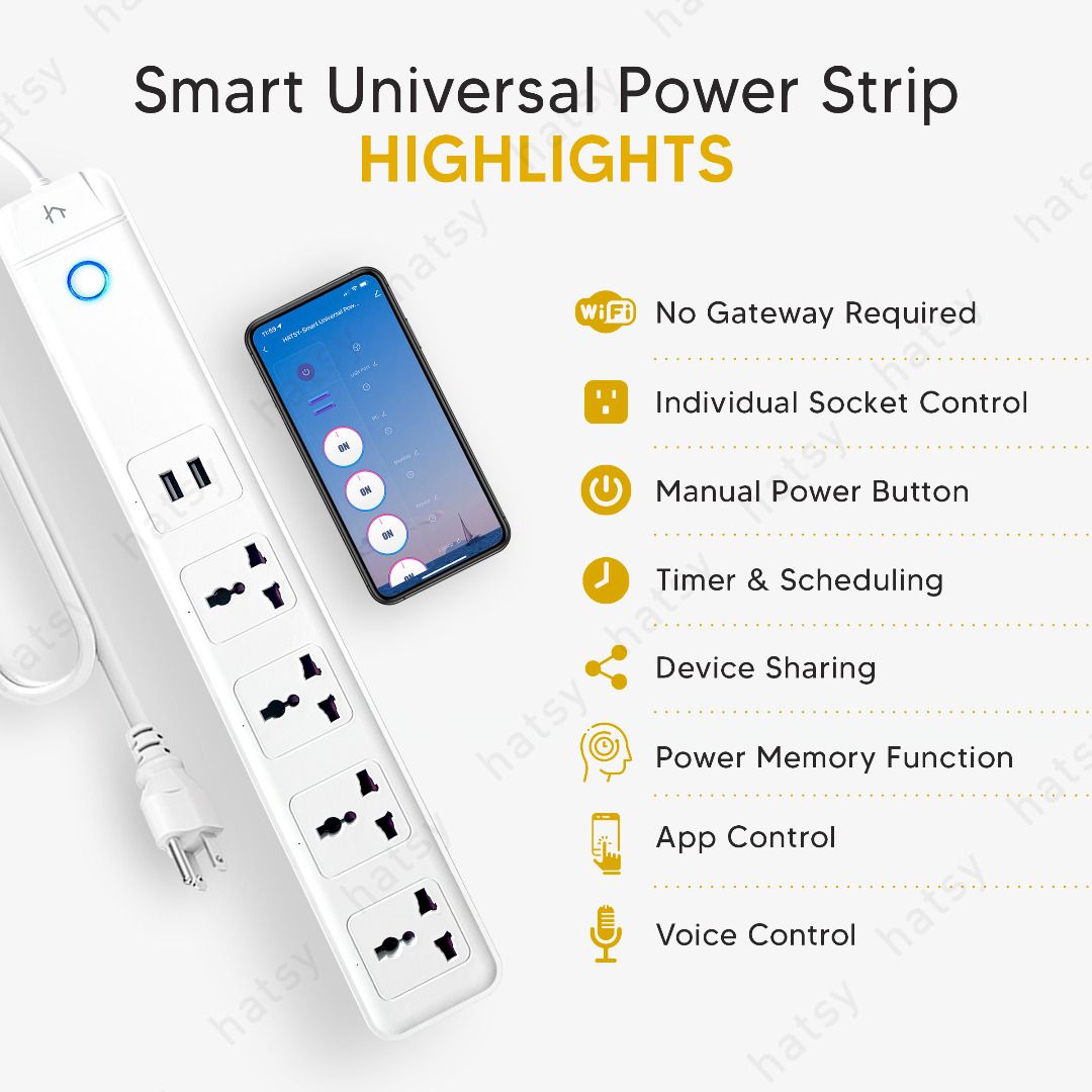 HATSY - Wi-Fi Smart Universal Power Strip (V2), with 4 AC Outlets and 2 ...