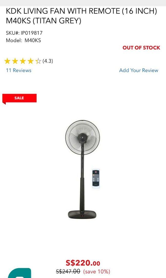 KDK LIVING FAN WITH REMOTE (16 INCH) M40KS (TITAN GREY), Furniture ...