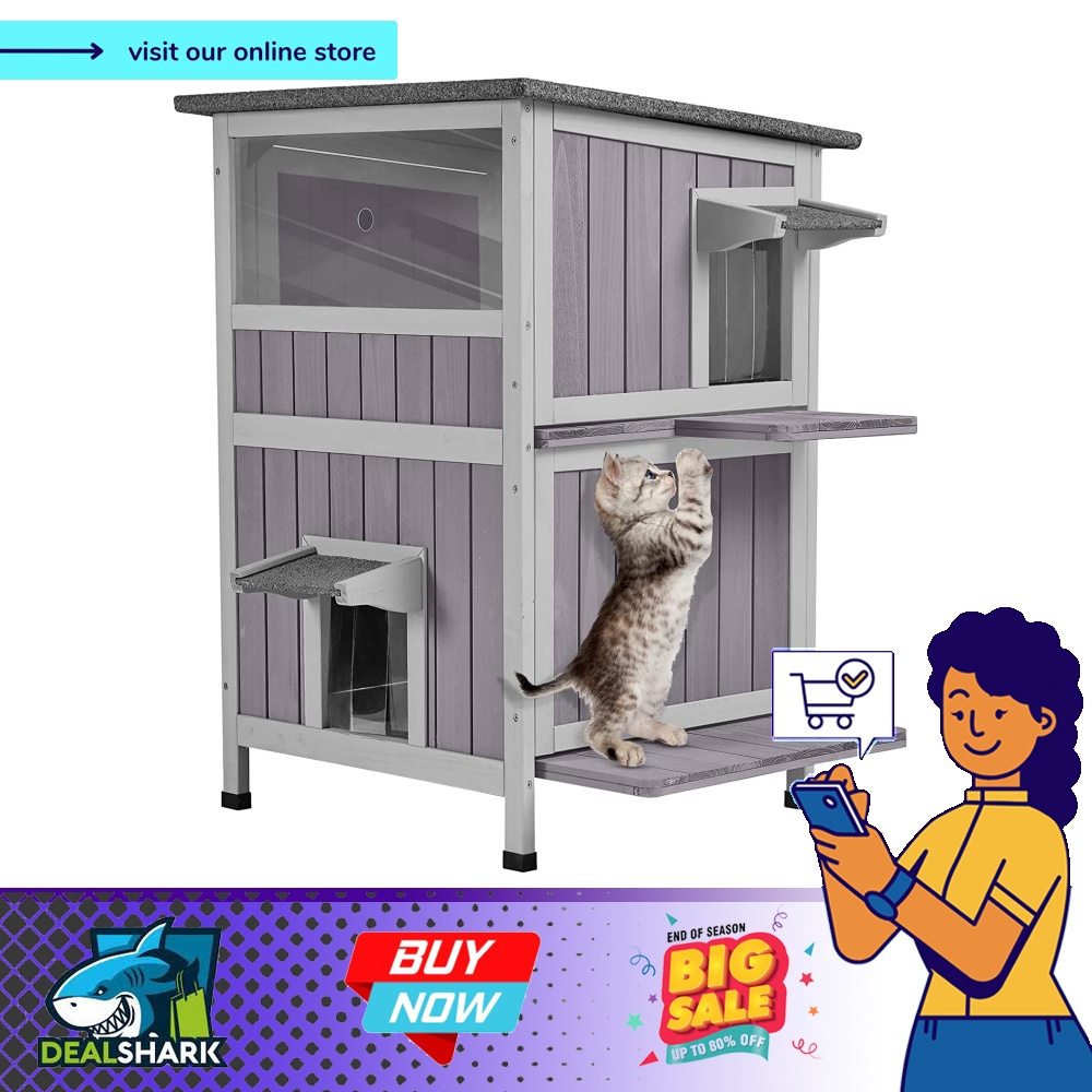Aivituvin Outdoor Feral Cat House 2-Story Cat Cottage Kitten Shelter ...