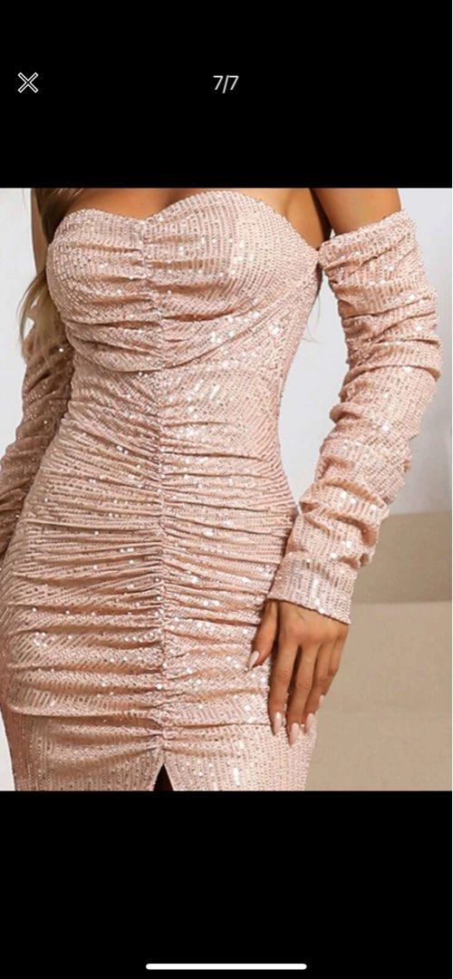 BNIP Beige Sequin Body Con Evening Gown with Slit, Women's Fashion ...