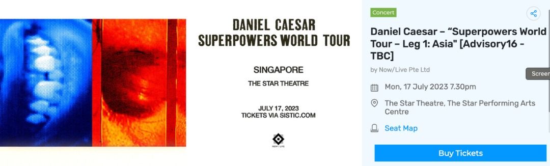 [Genuine CAT 2 SINGLE TICKET $140 Nego]: Daniel Caesar Superpowers World Tour, Singapore ...